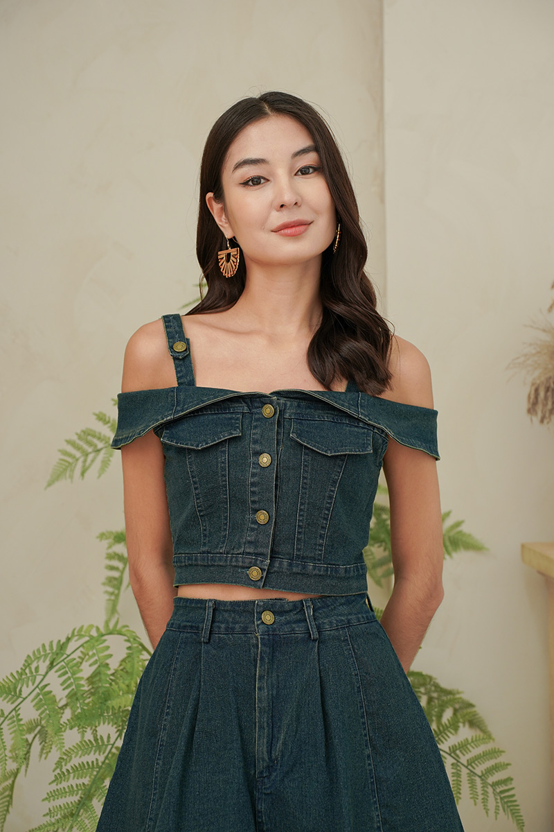Denim Damsel Offshoulder Denim Jacket Darkwash | lechicsg